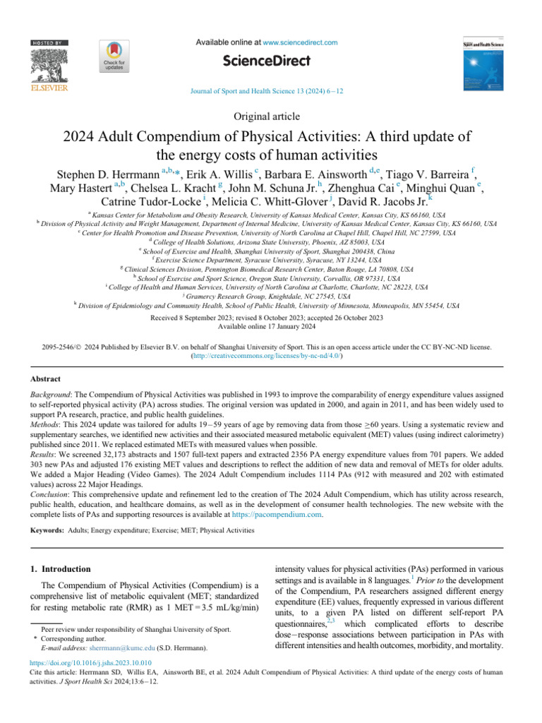 2024 Adult Compendium of Physical Activities. A Third Update of The ...