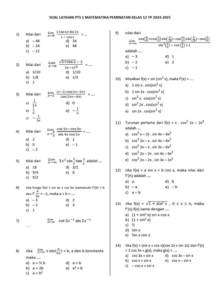 Soal Latihan Pts 1 MTK Minat Kls 12 TP 2024 | PDF