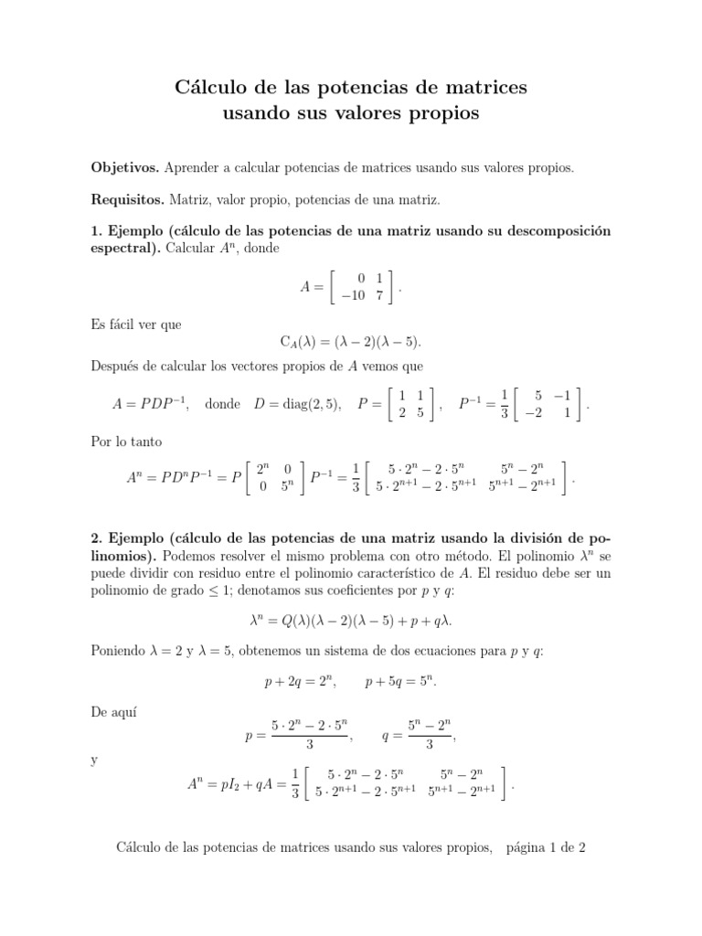 Powers of Matrices Via Eigenvalues Es | PDF | Valores propios y ...