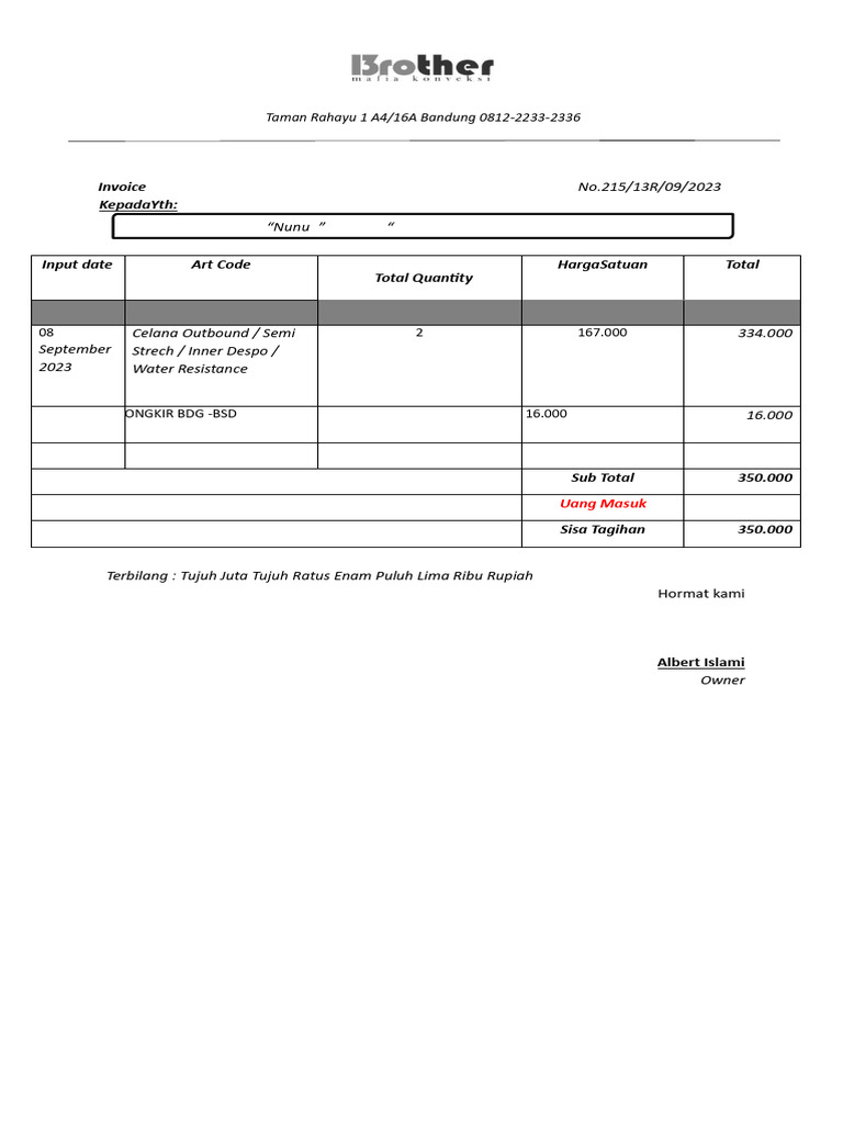 INVOICE SAMPLE CELANA | PDF