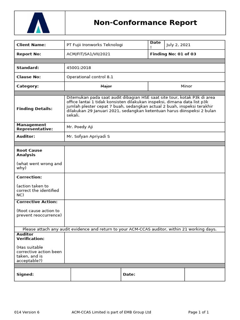 014 - Non-Conformance Report - V6 PT Fujii-2021 - NC1 | PDF