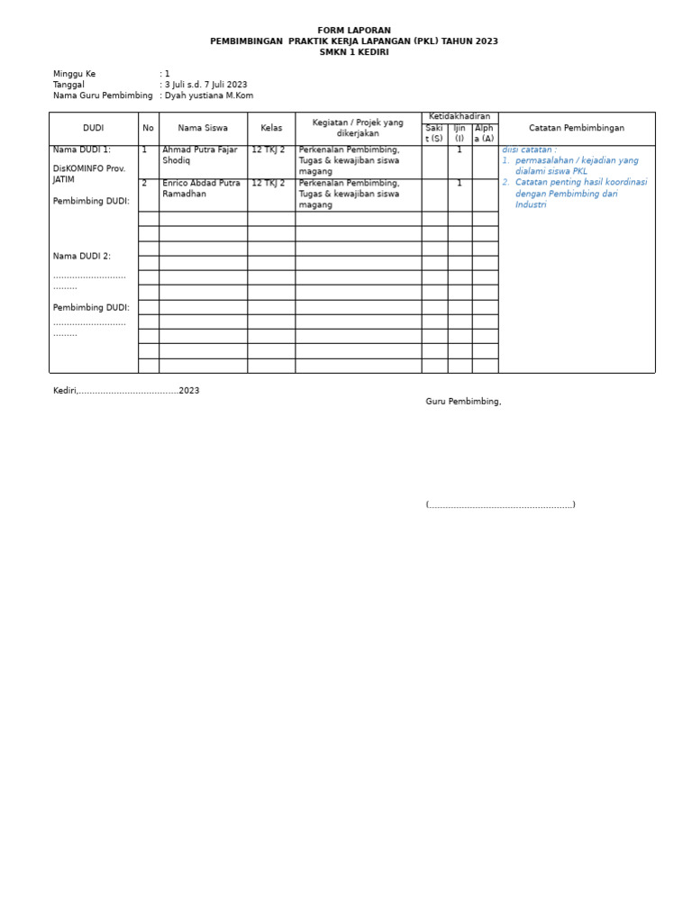 FORM LAPORAN Pembimbingan PKL 2023 | PDF