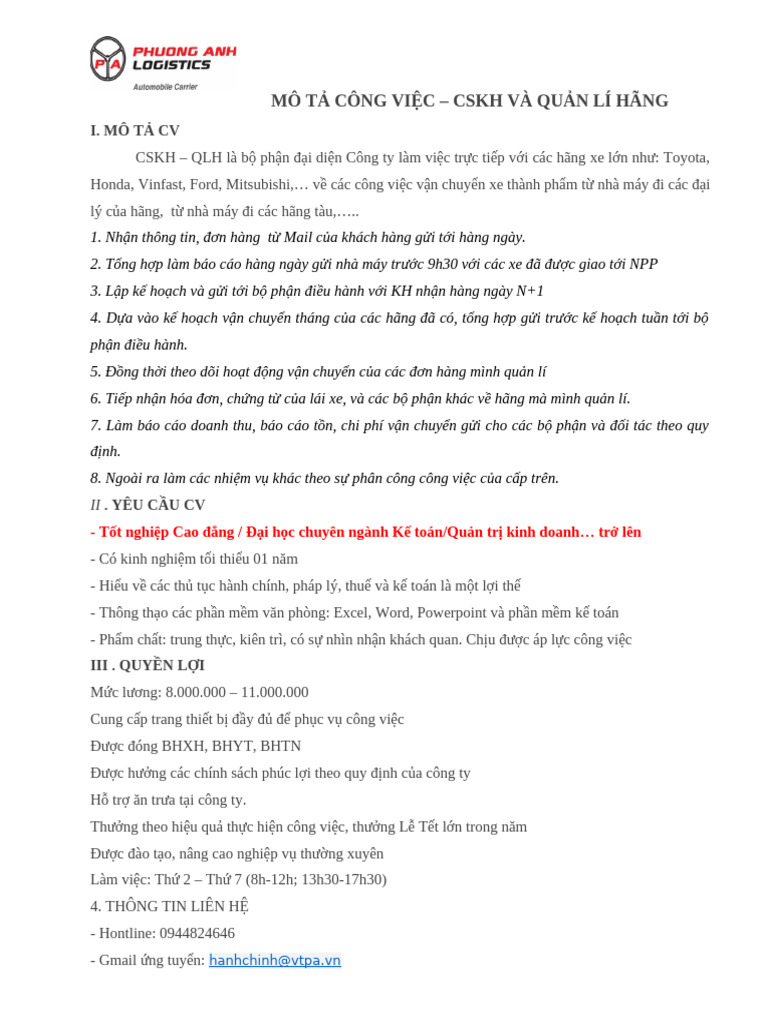 MTCV CSKH - QLH Phương Anh | PDF