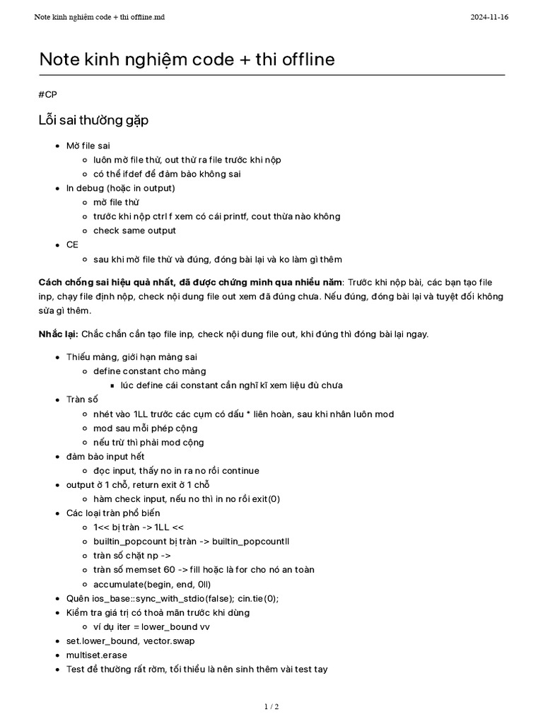 Note Kinh Nghiệm Code + Thi Offline | PDF