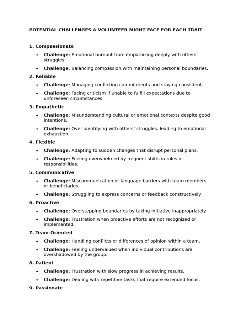 Potential Challenges A Volunteer Might Face For Each Trait | PDF ...
