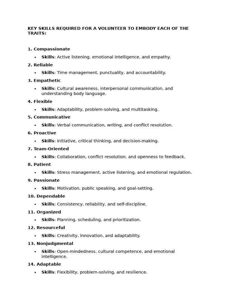 Key Skills Required For A Volunteer To Embody Each of The Traits | PDF