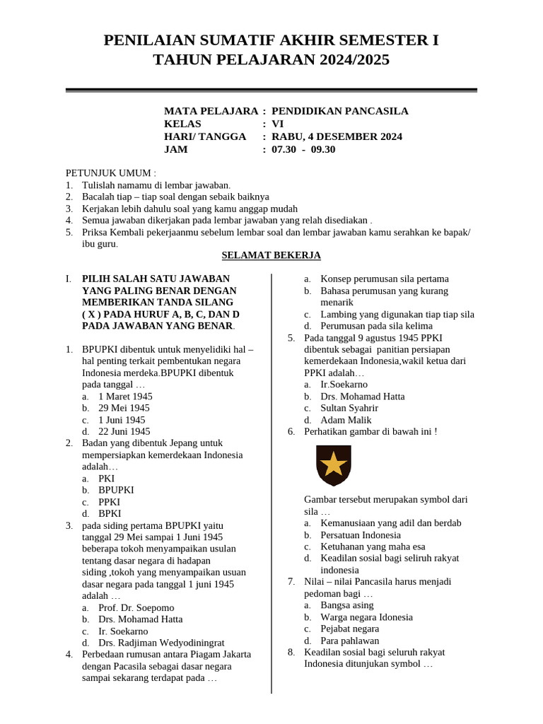 Penilaian Sumatif Akhir Semester I Pendidikan Pancasila Kelas 6 | PDF