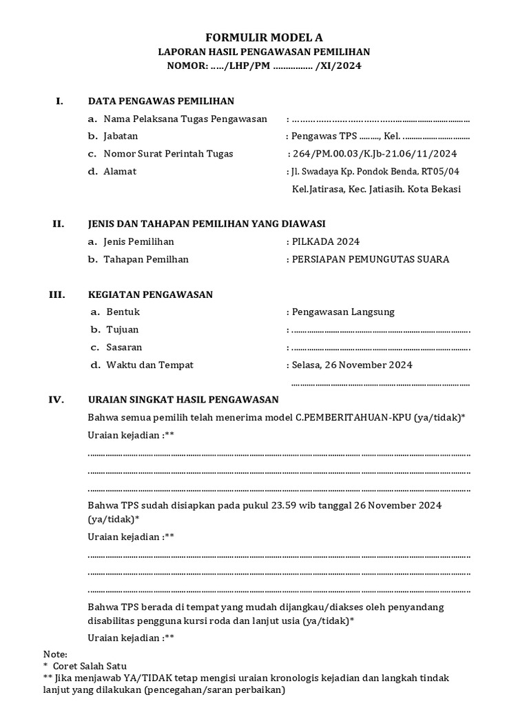FORM A PTPS Persiapan PEmungutan 26 Nov 2024 | PDF