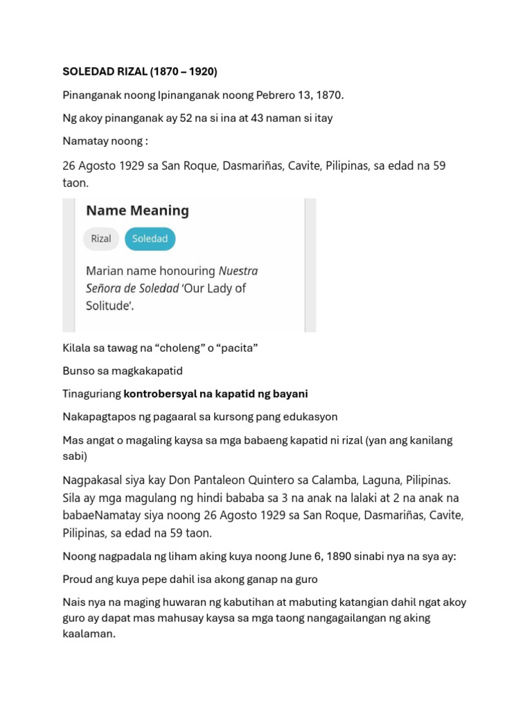 Soledad Rizal | PDF
