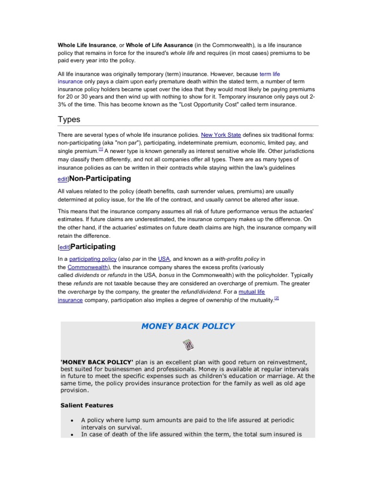 Whole Life Insurance Overview | PDF | Liability Insurance | Reinsurance