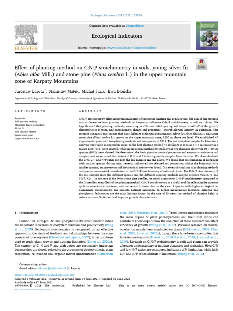 Effect-of-planting-method-on-C-N-P-stoichiometry-in-soils--youn_2021_Ecologi | PDF | Soil | Trees