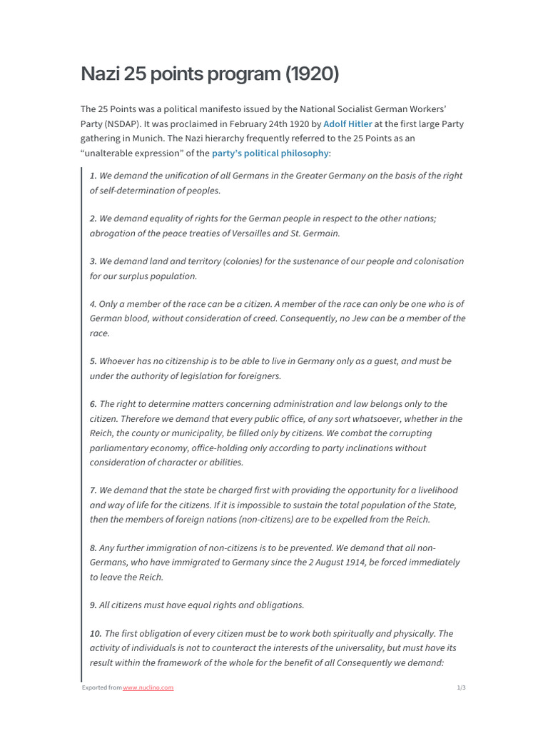 Nazi 25 points program (1920) | PDF | Nazi Germany | Nazi Party