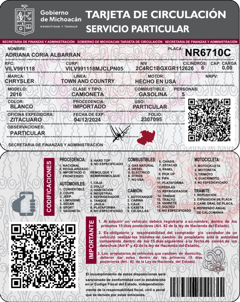 Tarjeta de Circulacion Michoacan, Chrysler | PDF | Industria automotriz | Tecnología de vehículos