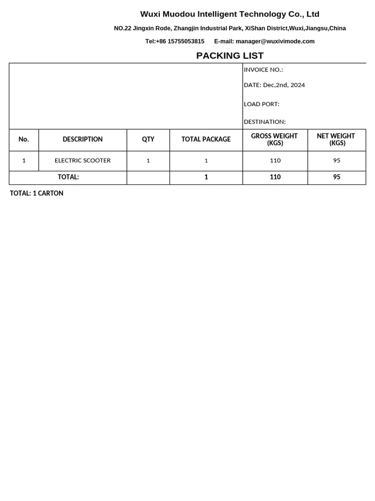 Wuxi Electric Scooter Packing List | PDF