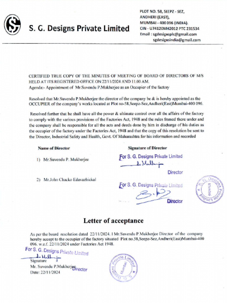 Board Resolution Nominating One of The Director As An Occupier ...