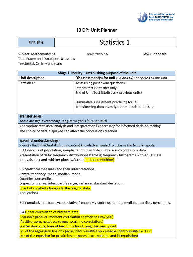 Example of A Maths Unit Plan e | PDF | Statistics | Quartile