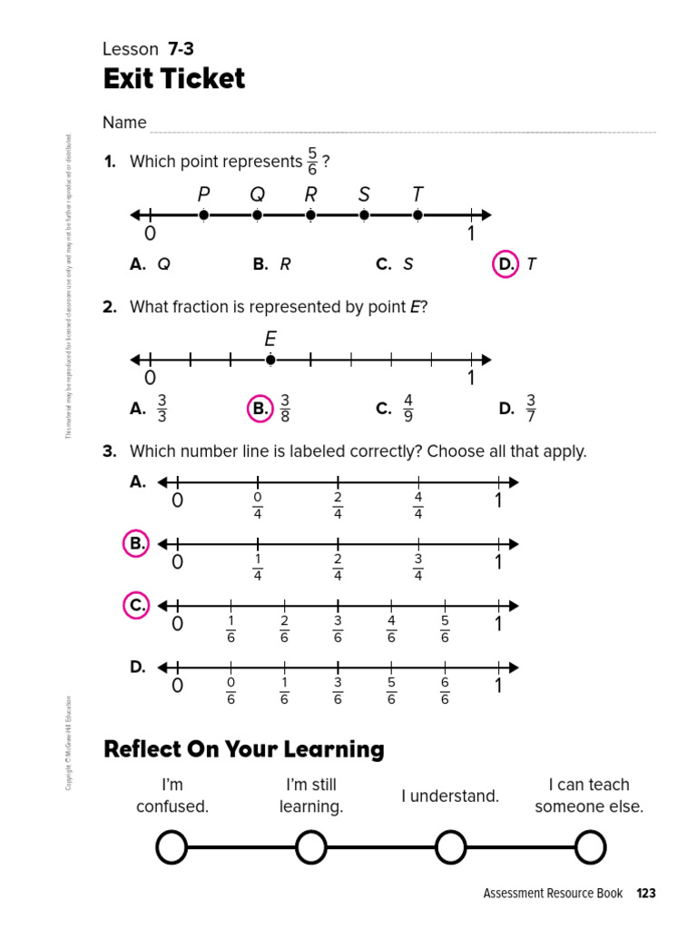 3-07-03 Printable Exit Ticket Answers_Represent Fractions on a Number ...