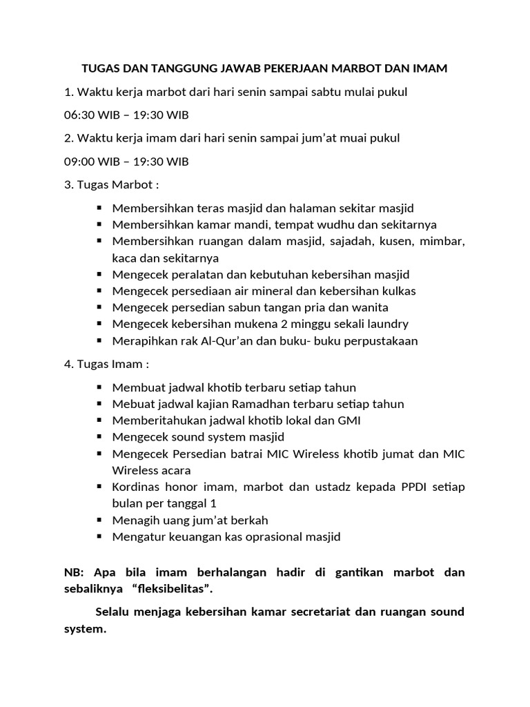 Tugas Dan Tanggung Jawab Pekerjaan Marbot Dan Imam | PDF