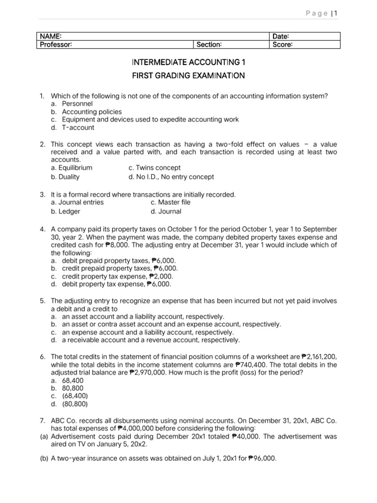 1ST Grading Exam - Ia 1 - 2020 Edition | PDF | Debits And Credits | Bad Debt