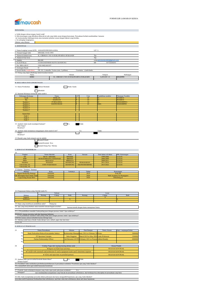 Formulir Lamaran Kerja Alhasti Dwi Rolanda | PDF