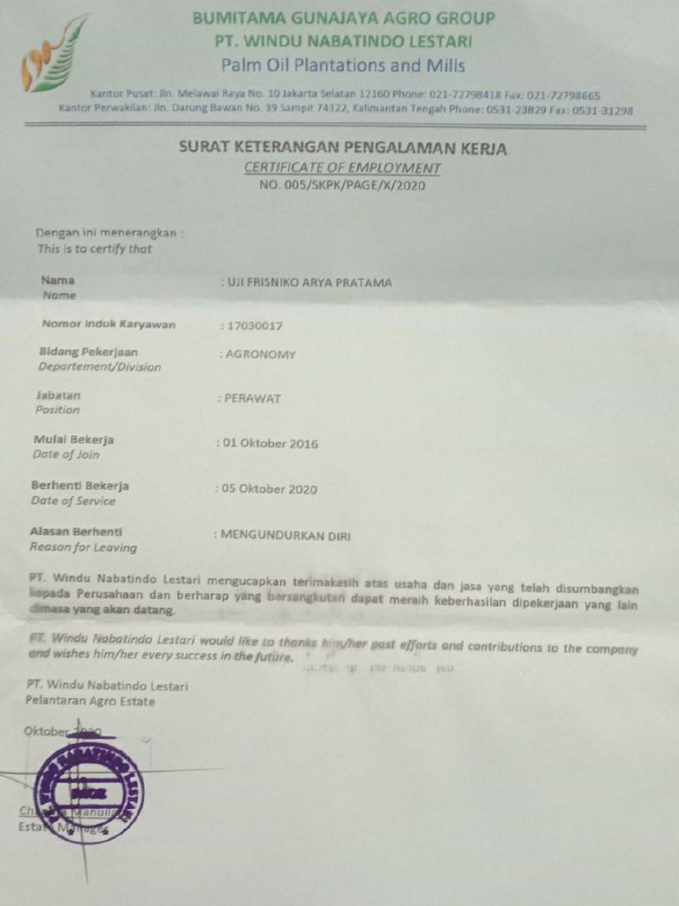 Pengalaman Kerja PT. BGA | PDF