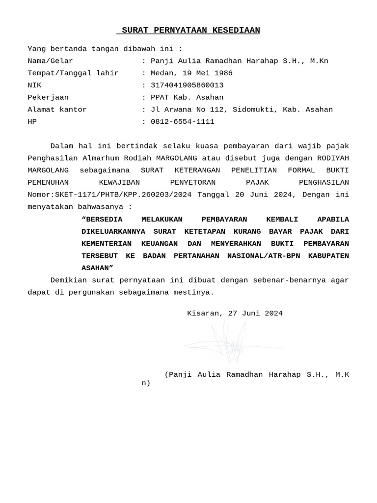 SURAT PERNYATAAN KESEDIAAN Kpps | PDF