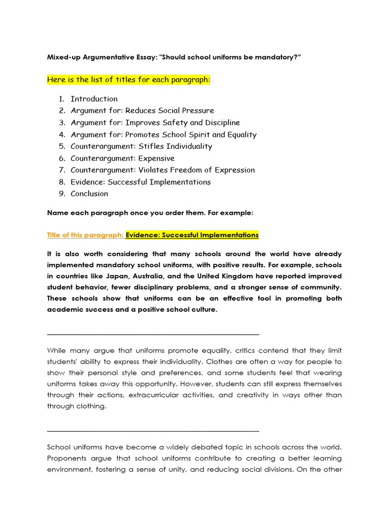 Mixed-Up Argumentative Essay - Should School Uniforms Be Mandatory ...