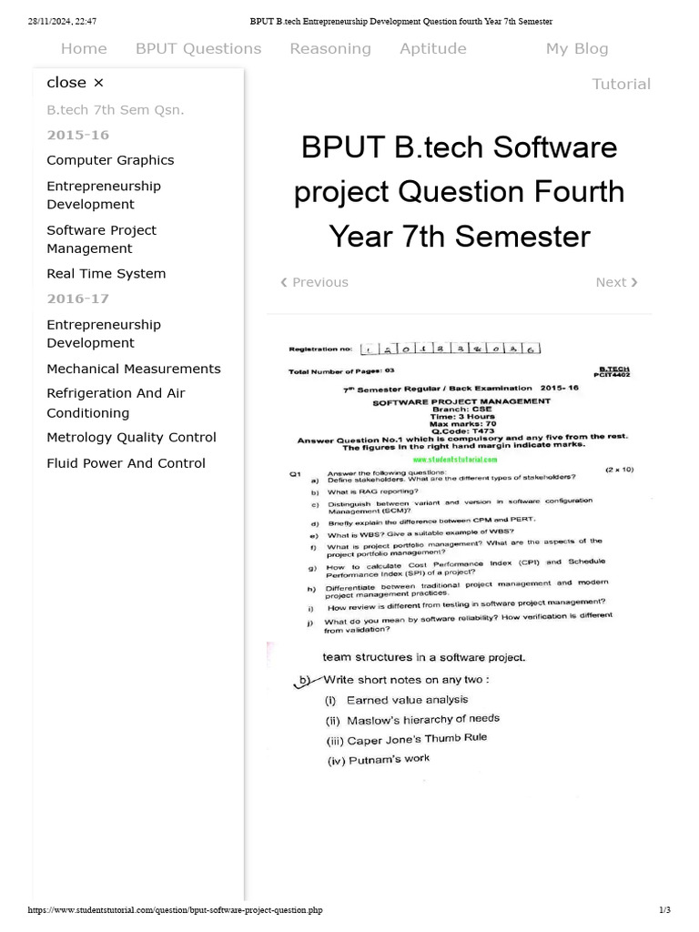 BPUT B.tech Entrepreneurship Development Question Fourth Year 7th Semester | PDF | Computing