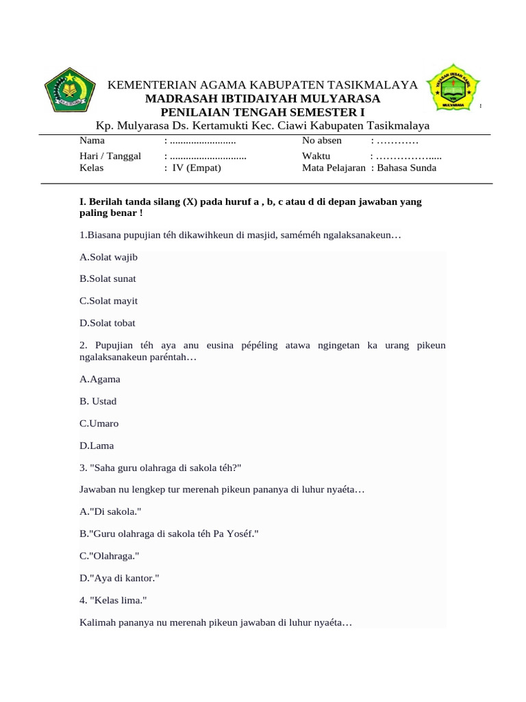 Soal PTS Bahasa Sunda Kls 4 | PDF