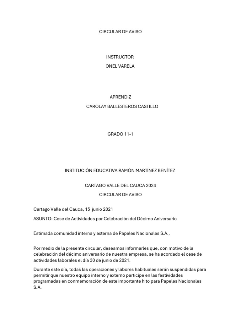 CIRCULAR DE AVISO | PDF