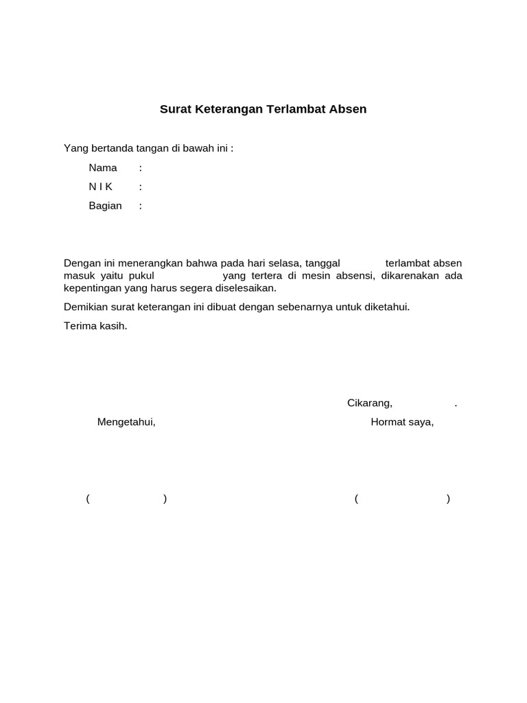 Surat Keterangan Terlambat Absen | PDF