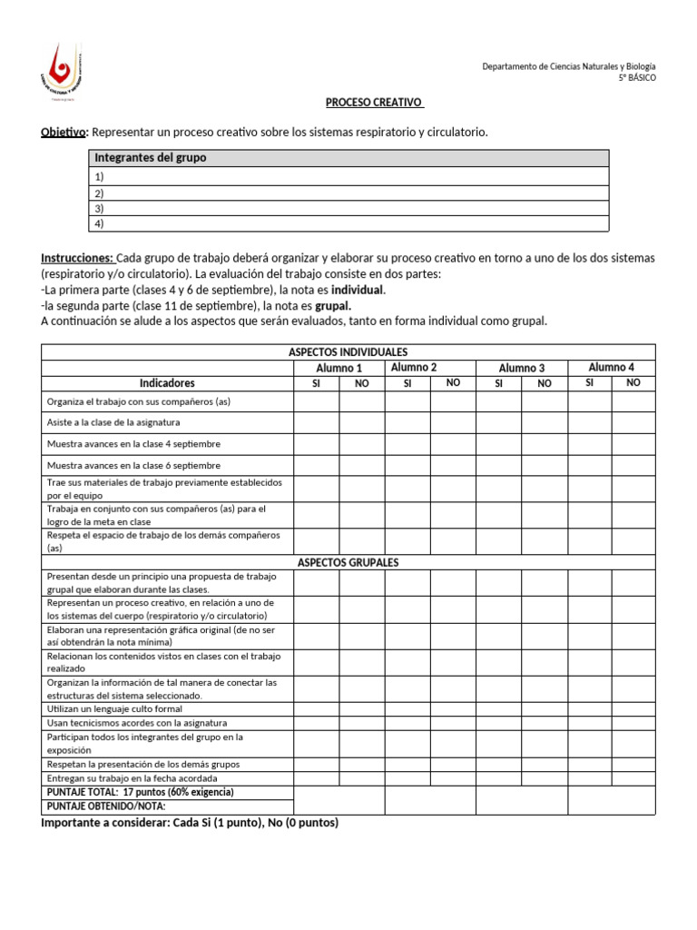 Pauta Evaluacion Proceso y Presentacion Sistemas 5°basico | PDF | Evaluación