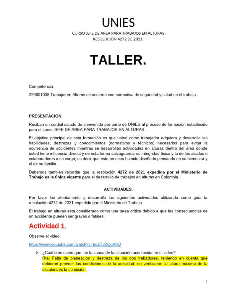 Taller Jefe de Area para Trabajos en Alturas 1 | PDF | Andamio ...