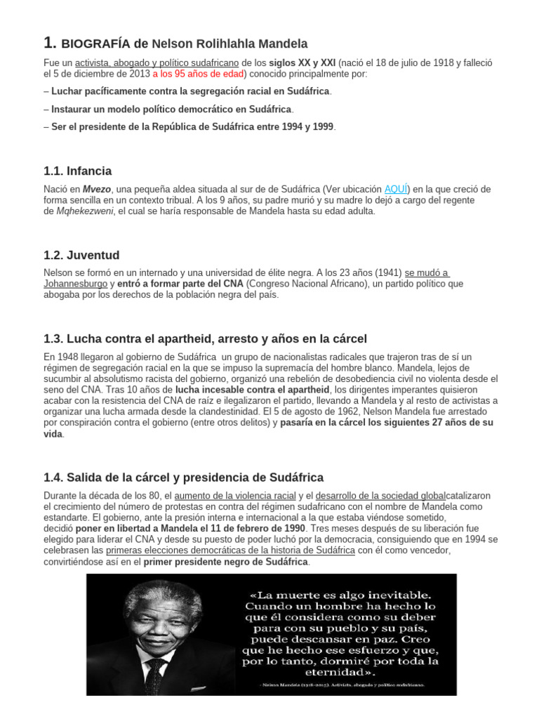 Nelson Mandela. Biografía | PDF | Nelson Mandela | Sudáfrica