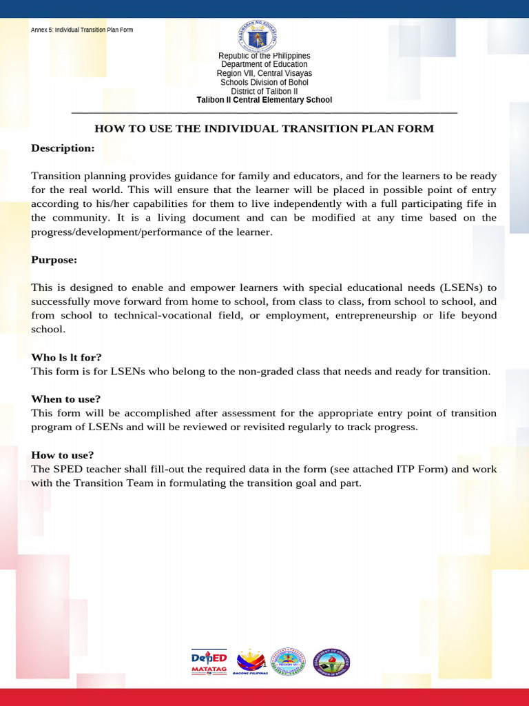 Annex 5 Individual Transition Plan | PDF | Learning