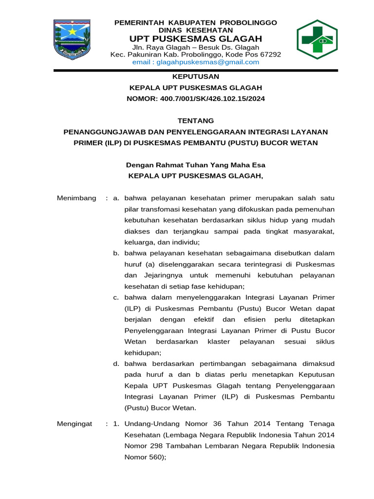SK Penanggungjawab Dan Penyelenggaraan Integrasi Layanan Primer (Ilp) Di Puskesmas Pembantu ...