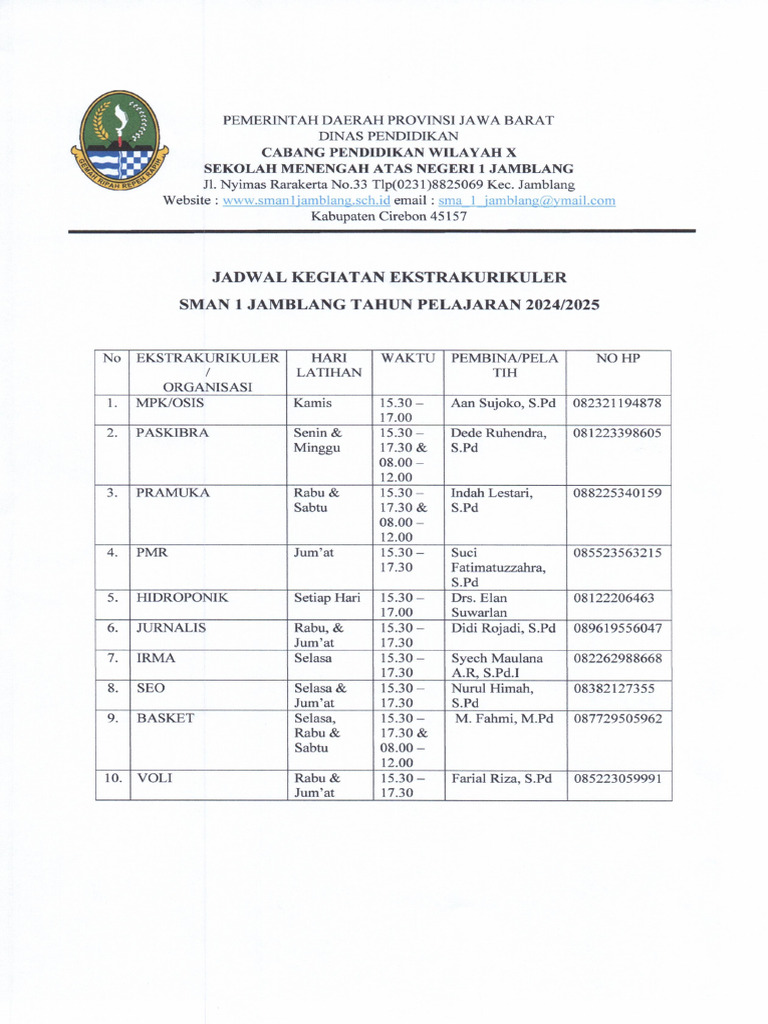 Jadwal Latihan Ekstrakurikuler | PDF