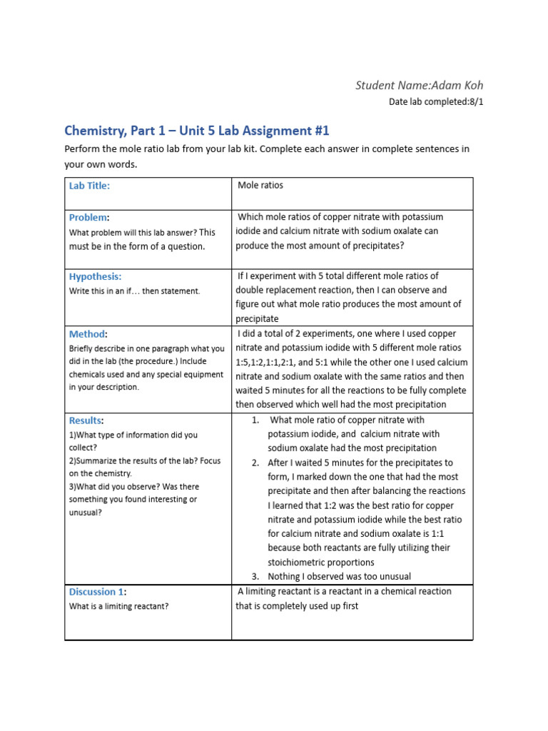 ChemP1 Unit5 Lab#2 - Mole Ratio | PDF | Stoichiometry | Precipitation ...