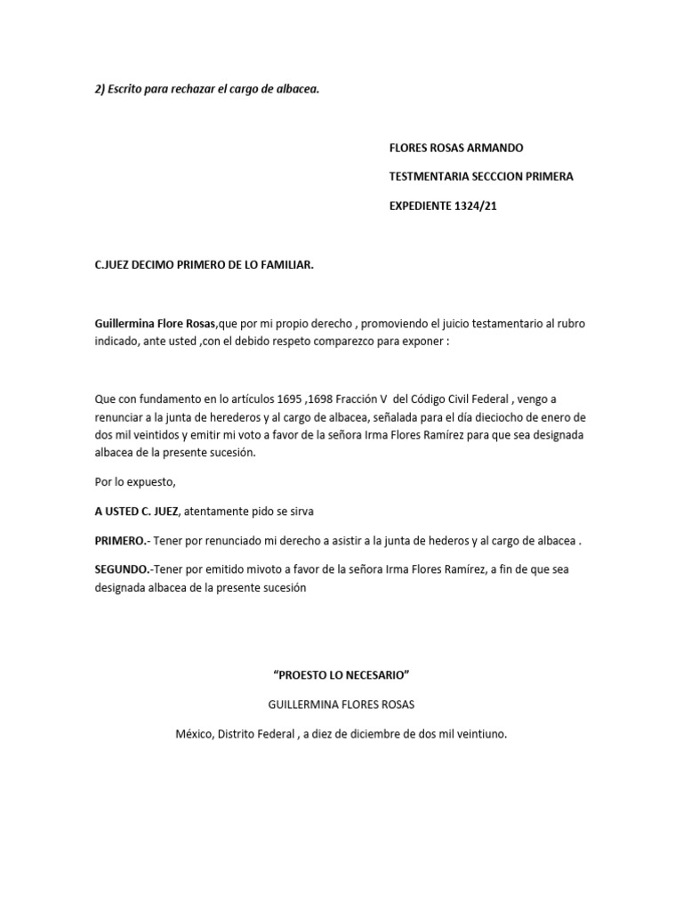 Escrito para Rechazar El Cargo de Albacea | PDF