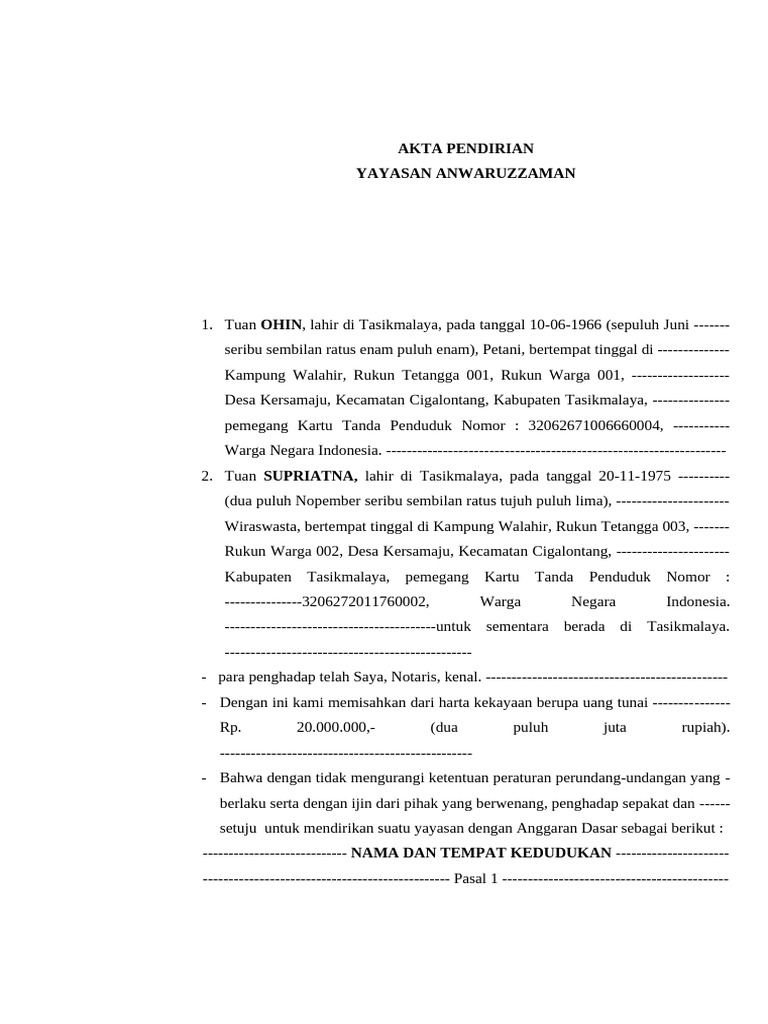 AKTA-PENDIRIAN-Yayasan-Anwaruzzaman | PDF