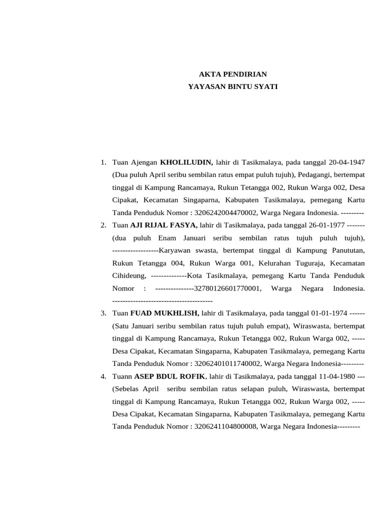AKTA-PENDIRIAN-Yayasan-Bintu Syati | PDF