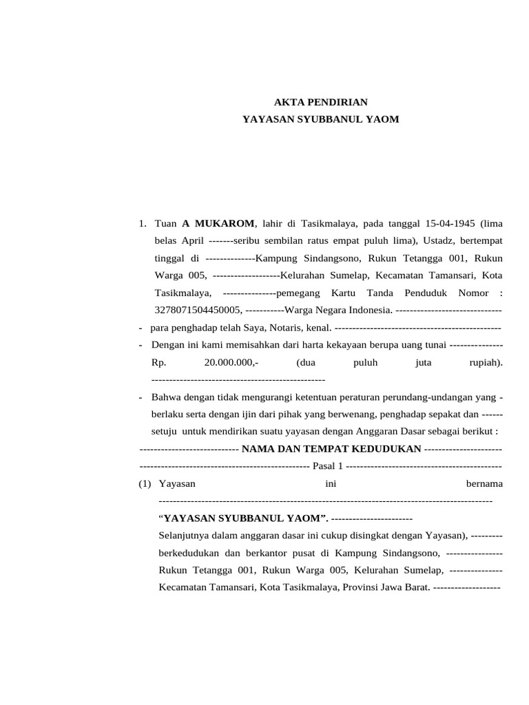 AKTA-PENDIRIAN-Yayasan-Syubbanul Yaom | PDF