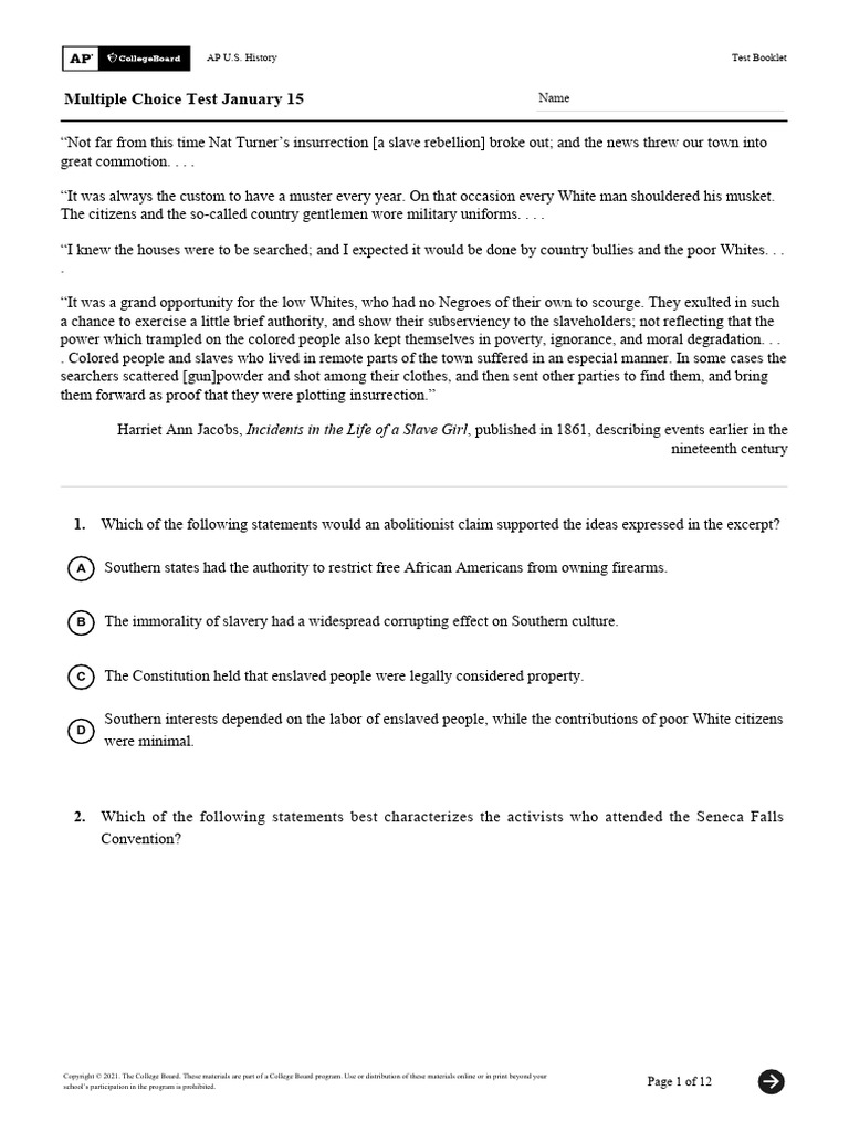 AP US Multiple Choice Test January 22 2021 PDF | PDF | Abolitionism In ...