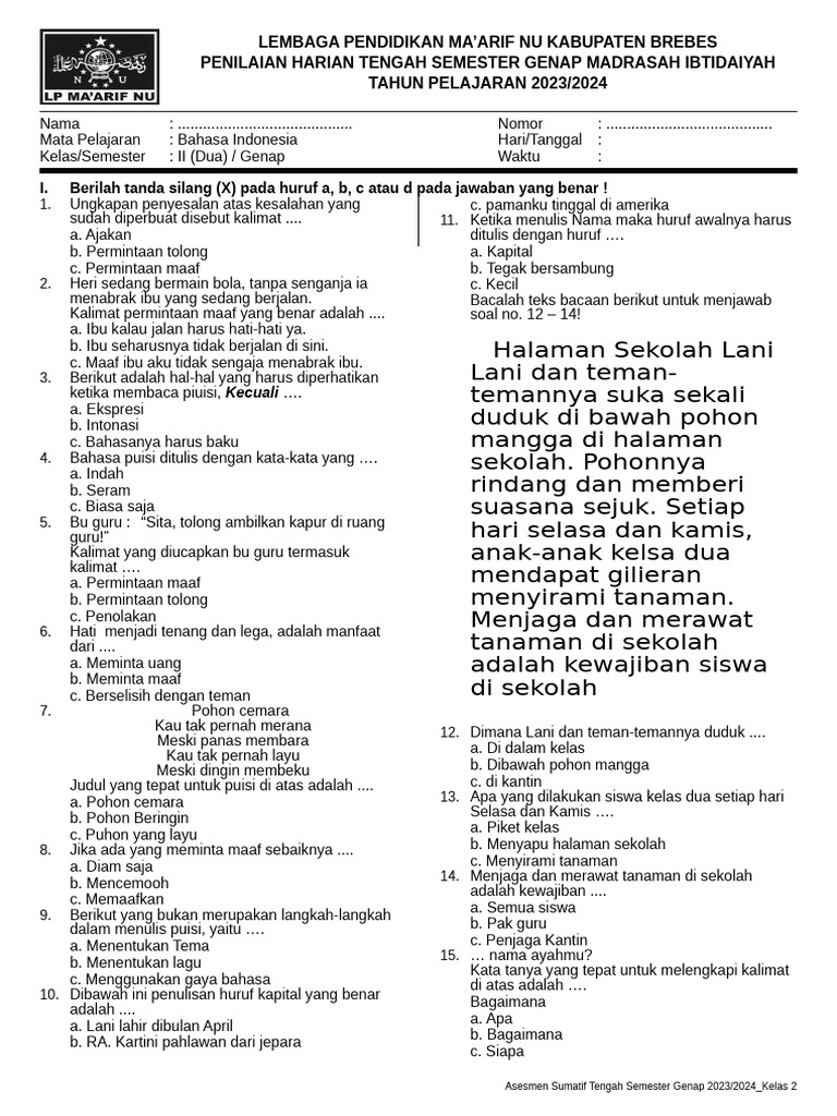 Soal Bahasa Indonesia Kelas 2_PHS_2023-2024_Genap | PDF