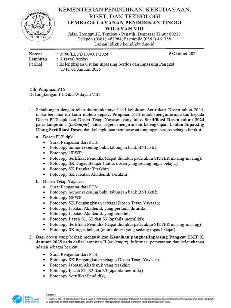 Surat Kelengkapan Usulan Inpassing Serdos Dan Pangkat | PDF
