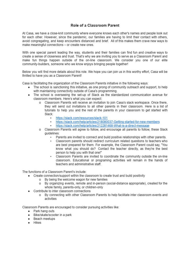 Casa Classroom Parent Role | PDF