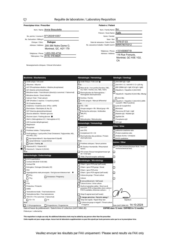 Dialogue Requete de Laboratoire Laboratory Requisition Pe Ns Nb Qc ...