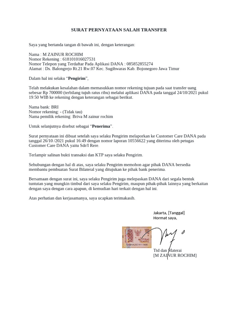 Surat_Pernyataan_Salah_Transfer | PDF