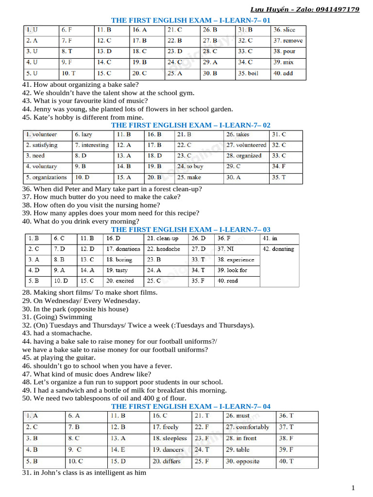 The First English Exam - I-Learn-7-2022-Keys | PDF