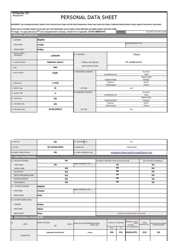 Personal Data Sheet Template | PDF | Government | Justice